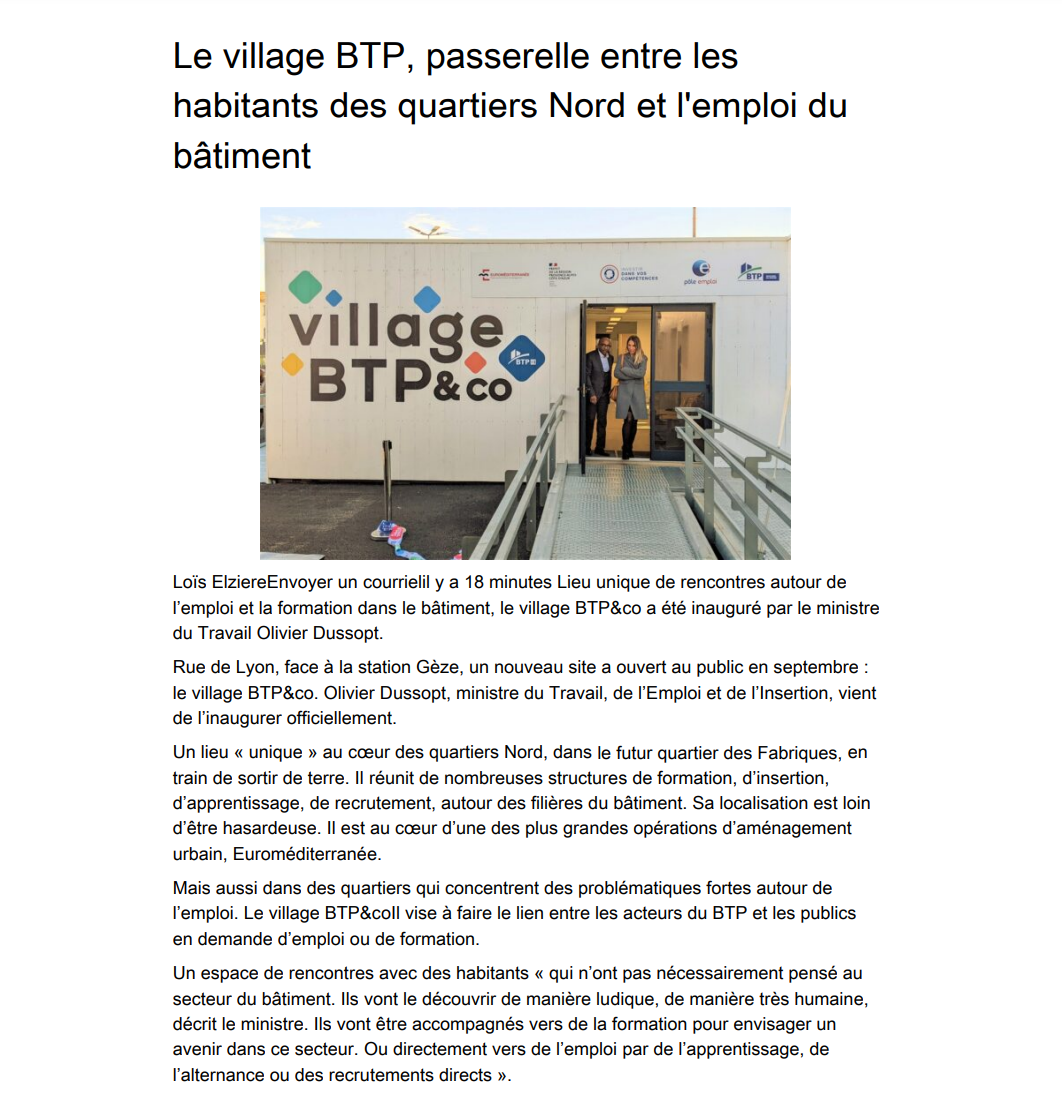 LE VILLAGE BTP, PASSERELLE ENTRE LES HABITANTS DES QUARTIERS NORD ET L ...
